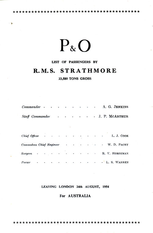 RMS Strathmore Passenger List - 24 August 1954