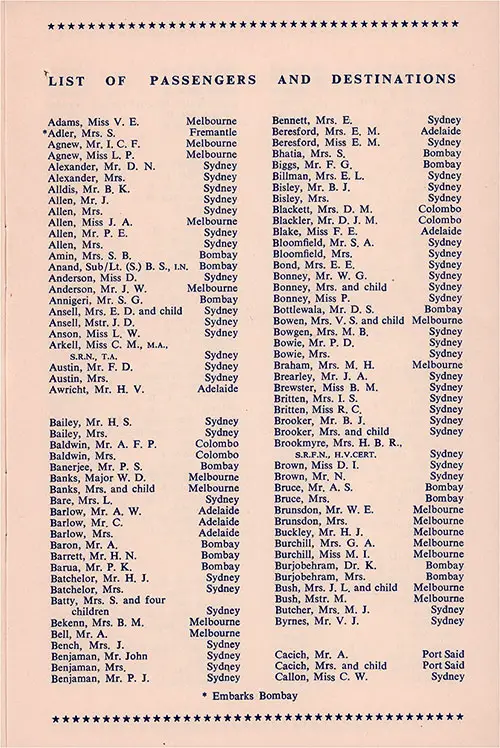 RMS Strathmore Passenger List - 24 August 1954
