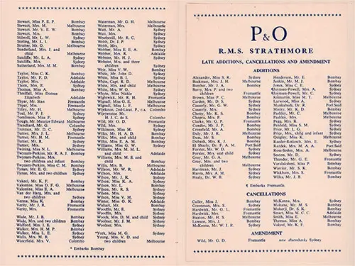RMS Strathmore Passenger List - 24 August 1954