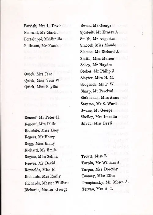 List Of Second Class Passengers On The Titanic