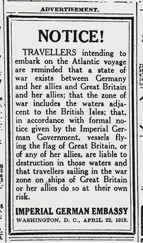 Lusitania Warning Advertisement